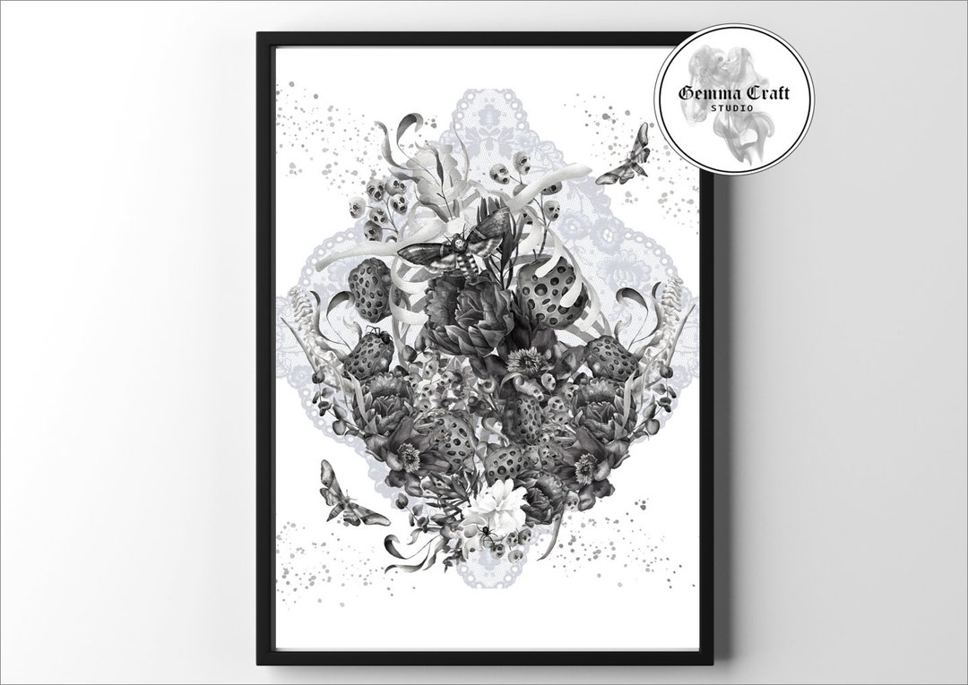 Gothic Floral Print, Gothic Home Print, Ribcage Picture, Gothic Art ...