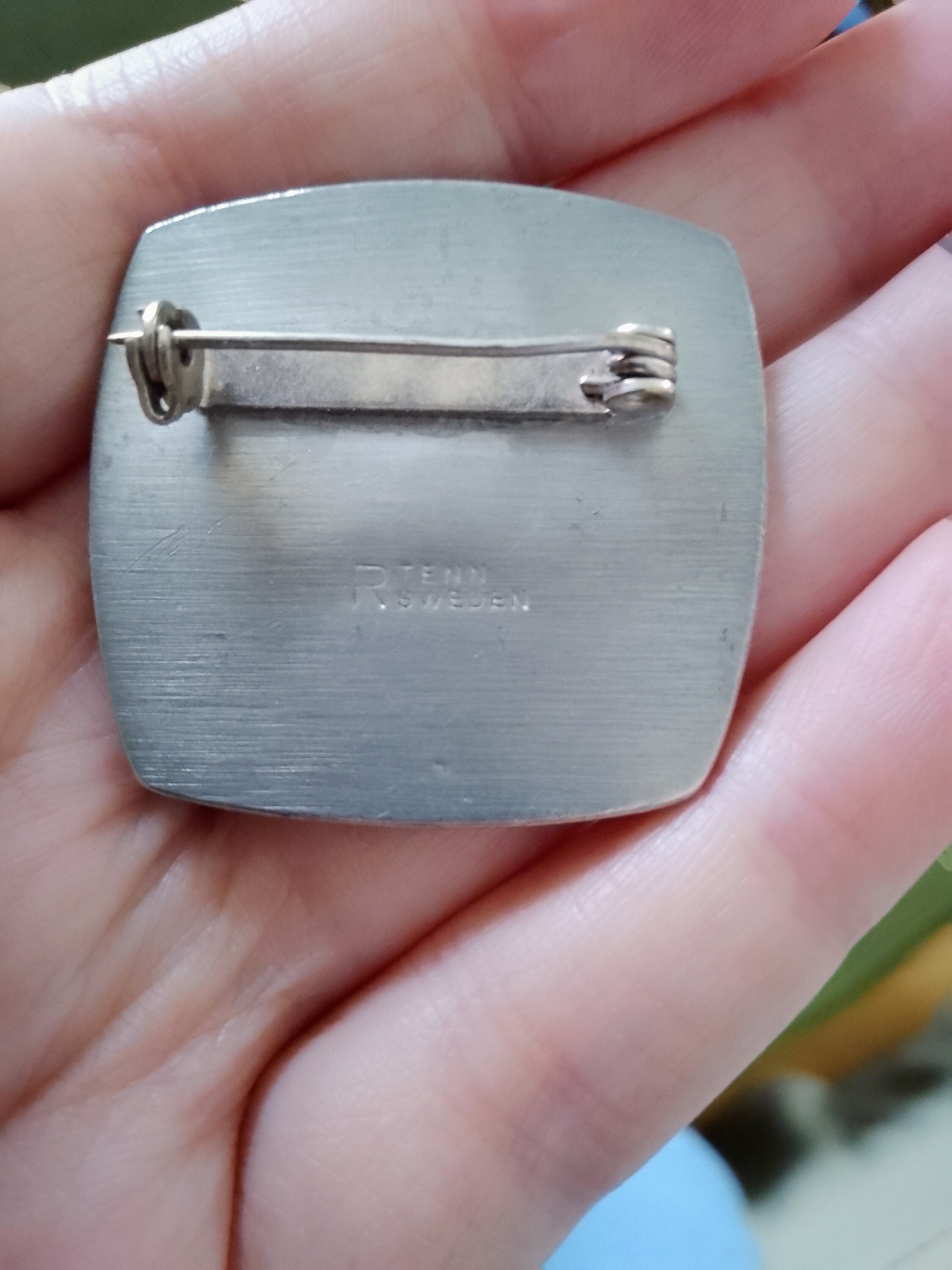 Rune Tennesmed Silvertone Pewter Brooch Blue Cabochon Moulded Glass ...