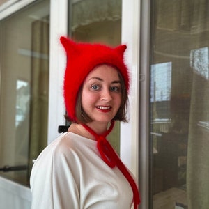Cat Ear Bonnet Red Color. Cat Women Hat. Cat Ear Knit Hat. Cat Ear ...