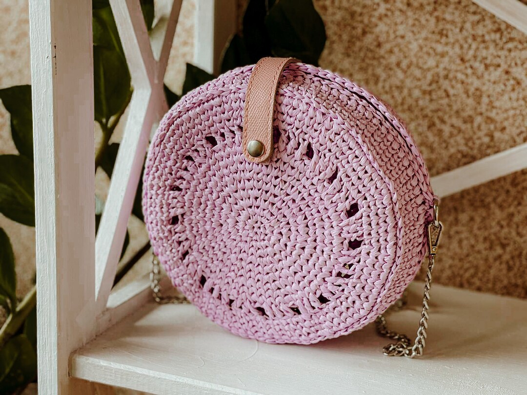 Boho Beach Bag. Raffia Round Bag. Crocheted Raffia Bag. Round Shoulder ...