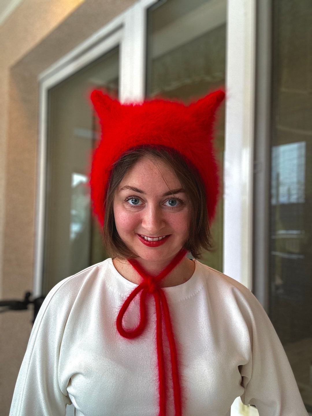 Cat Ear Bonnet Red Color. Cat Women Hat. Cat Ear Knit Hat. Cat Ear ...