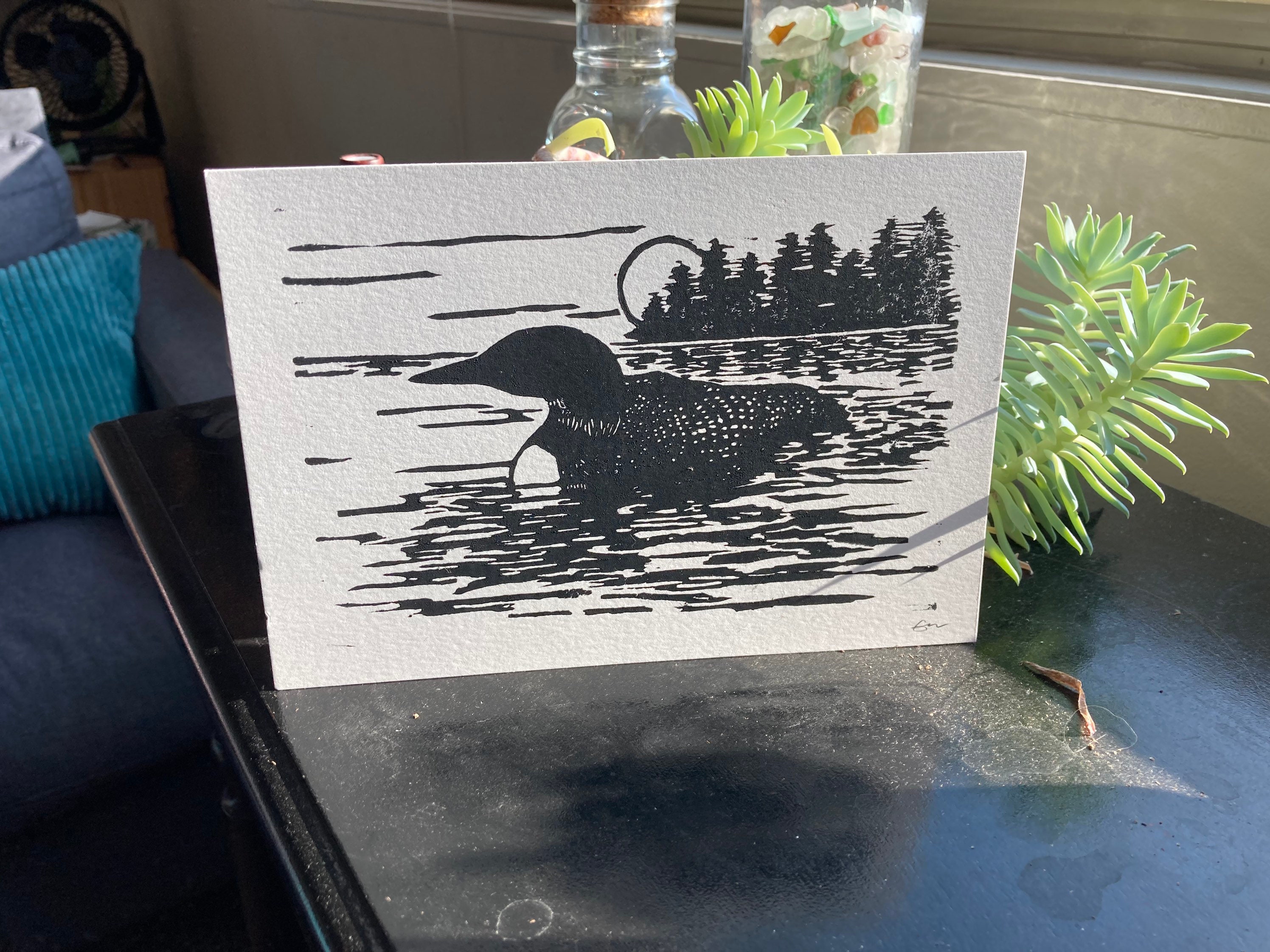 Art & Collectibles Nature Themed Wall Art Loon on lake Linocut Print ...
