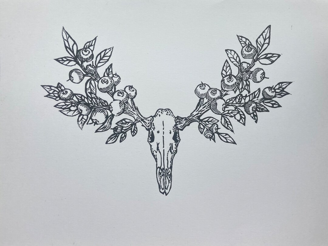 Blueberry Moose Skull, Nature Themed Wall Art, Linocut Print - Etsy