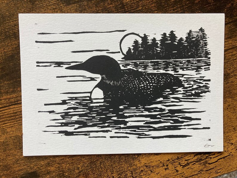 Loon on Lake Linocut Print, Nature Themed Wall Art, Revised - Etsy