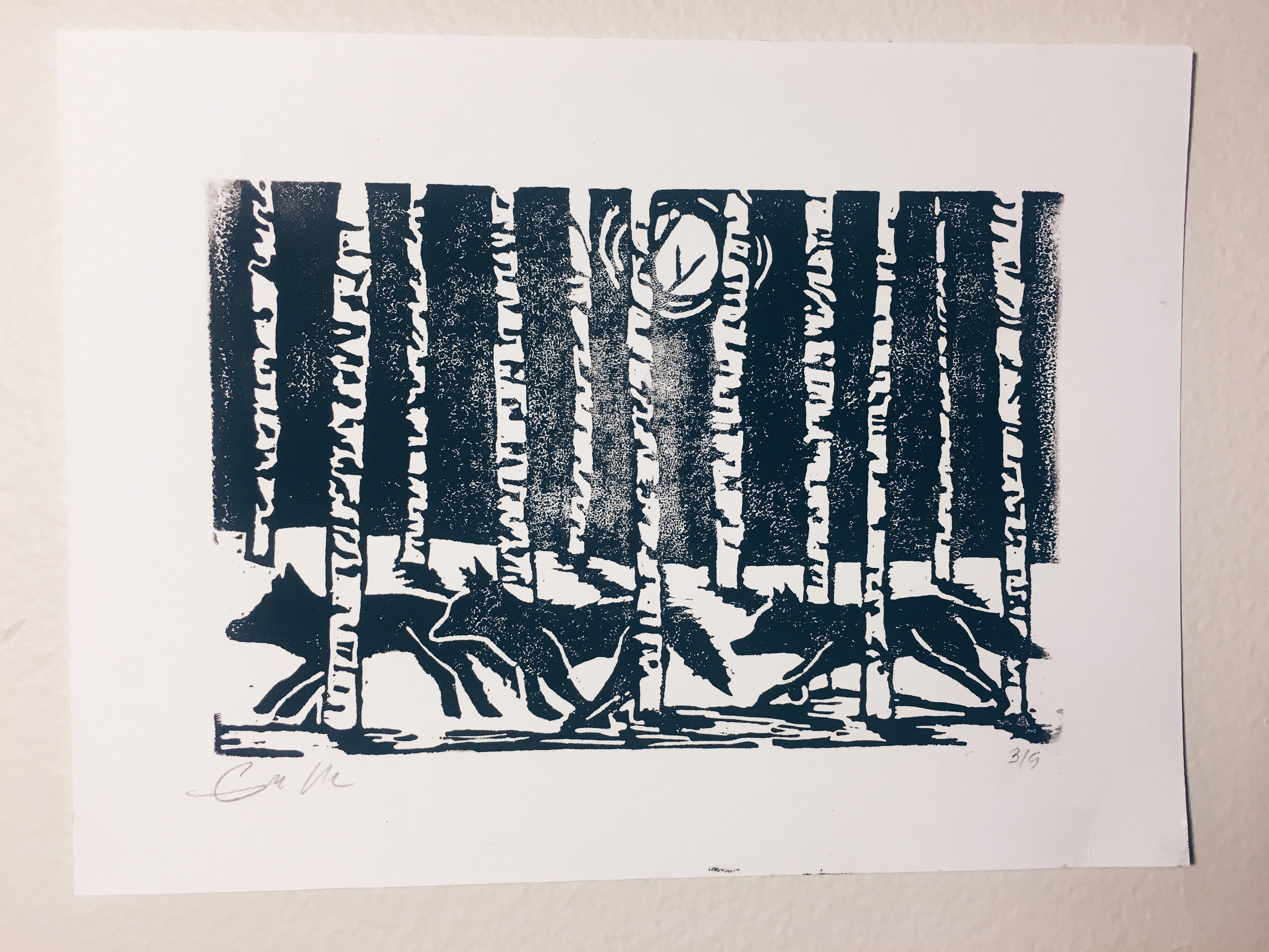 The Chase Linoleum Print Linocut Wolves in a Birch Forest, Nature ...