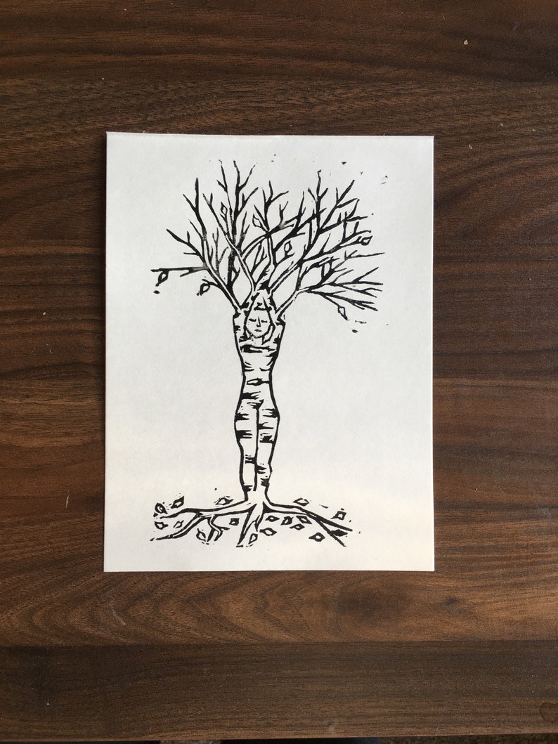 Birch Tree Woman Linocut Print Nature Themed Wall Art, Self Love - Etsy
