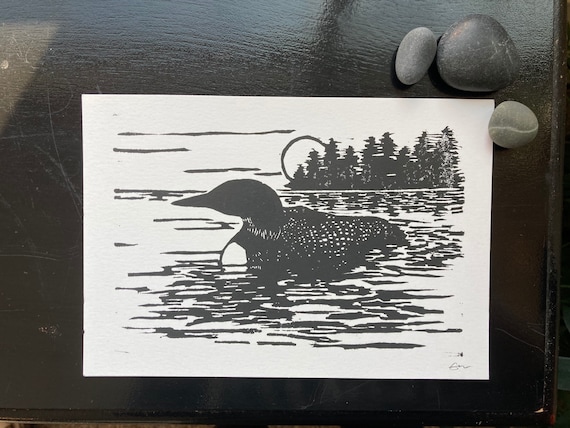 Loon on Lake Linocut Print Nature Themed Wall Art Revised - Etsy