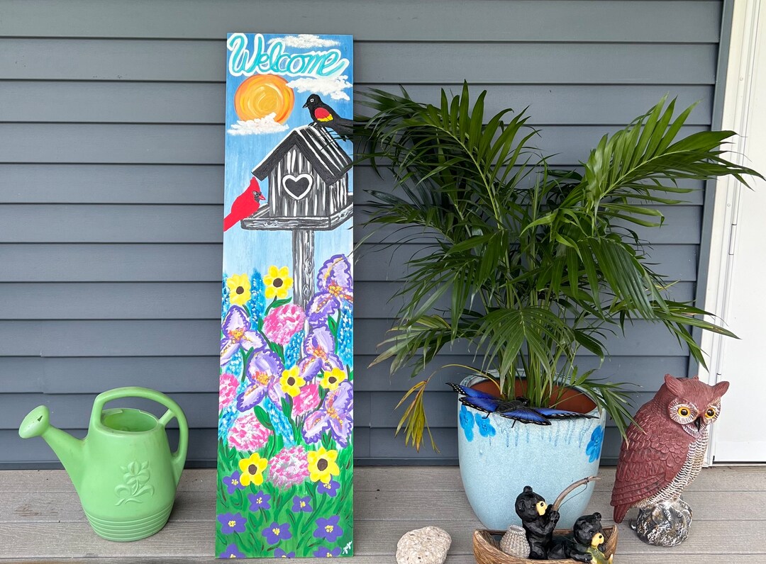 Hand-painted Spring Summer Porch Leaner, Welcome Sign With Birds and ...