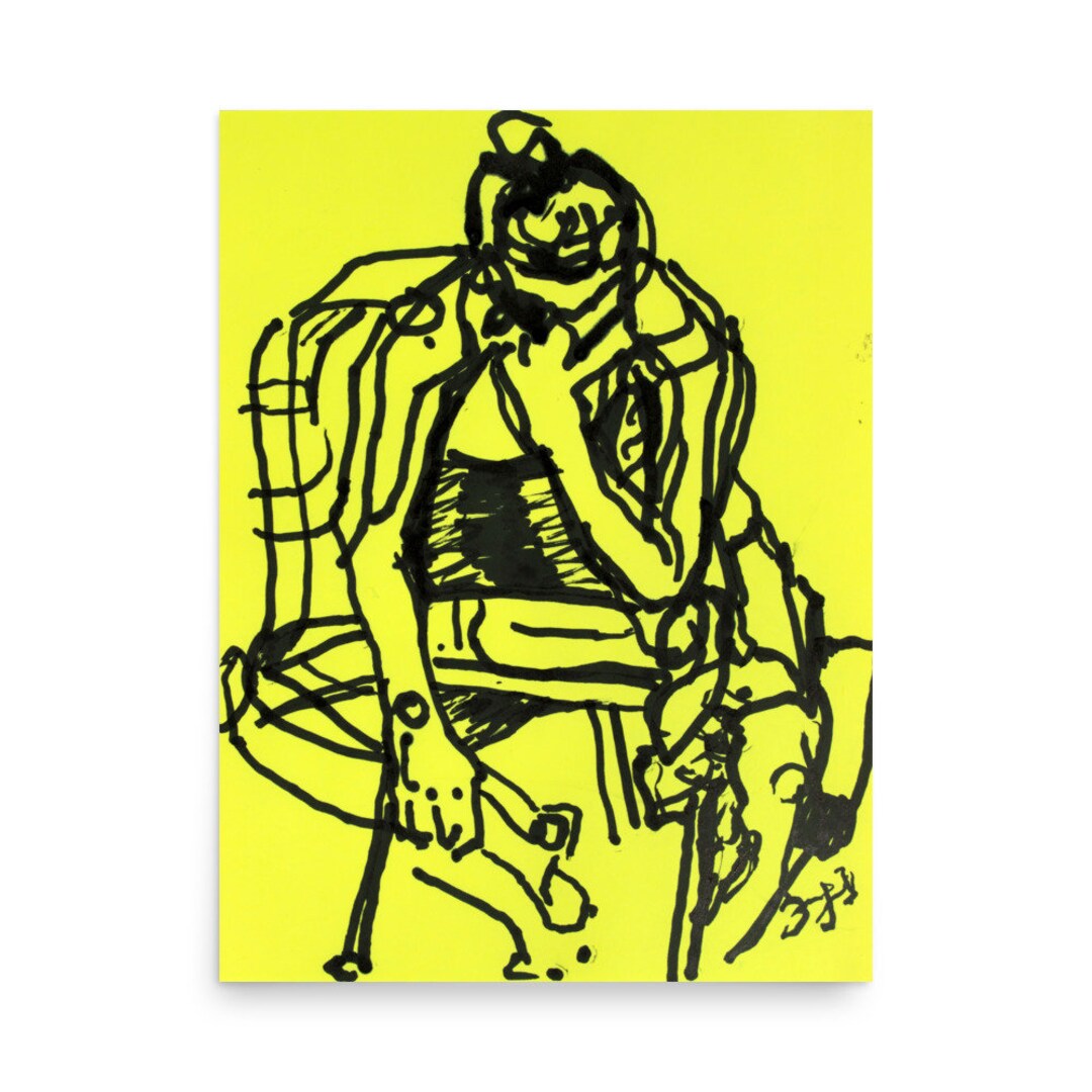 Sketch of Woman Sitting Backwards in a Chair Black Paint Pen on Yellow ...