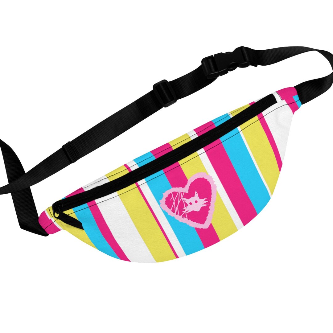 Cat Logo & Heart Fanny Pack, Bright Striped Fanny Pack, Crossbody Bag ...