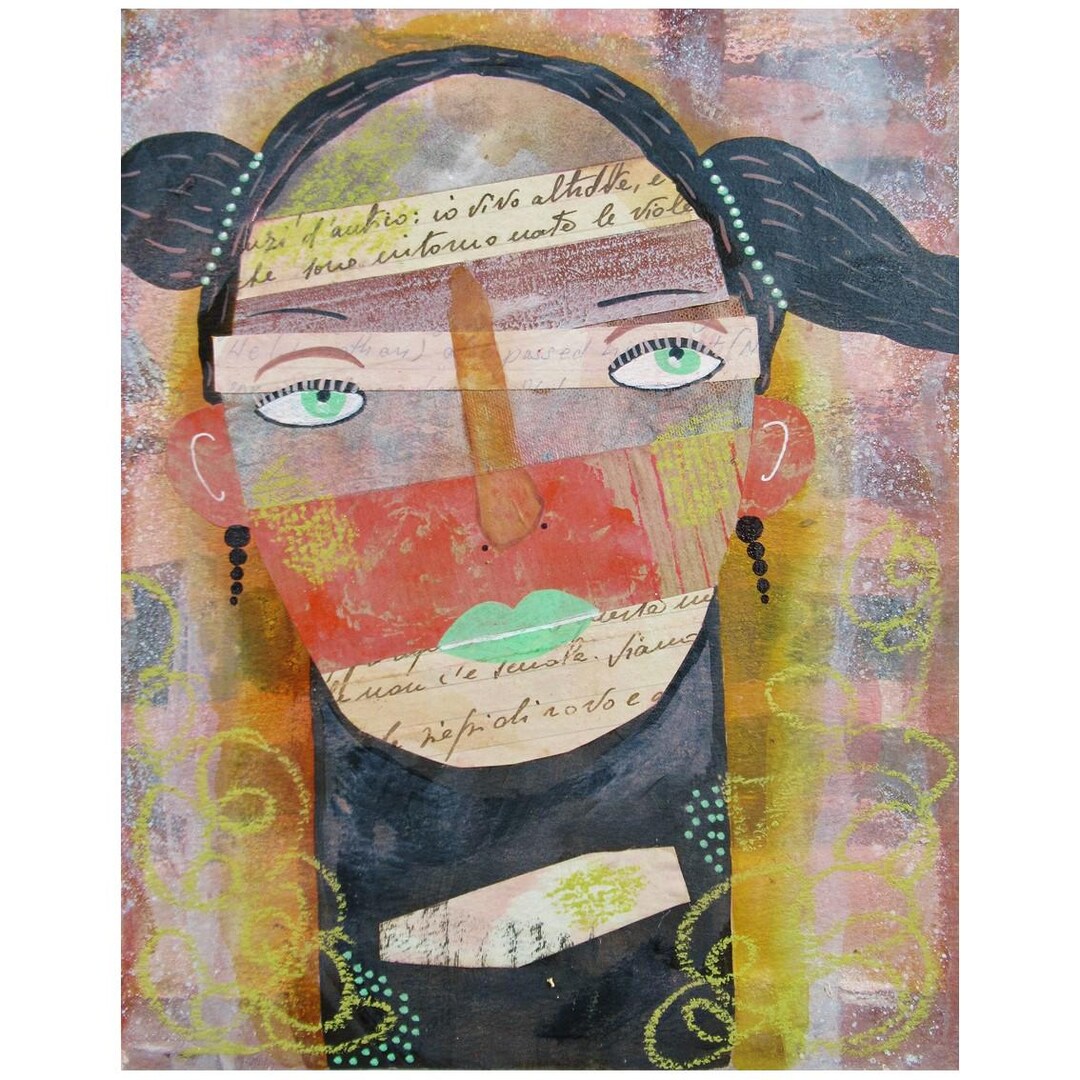 Female Portrait Mixed Media Girl Face Painting Black Haired Pigtails - Etsy