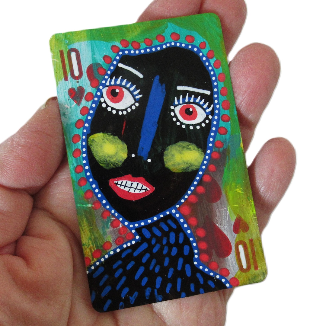 Altered Painted Playing Card Ten of Hearts Illustrated Miniature Art ...