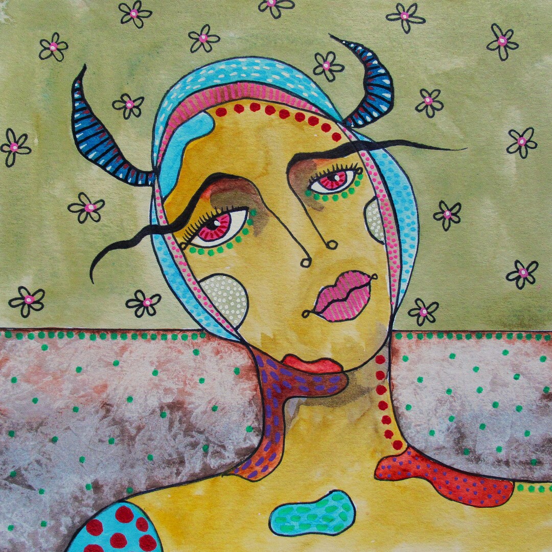 Small Watercolour Portrait Painting Outsider Folk Art Figurative ...