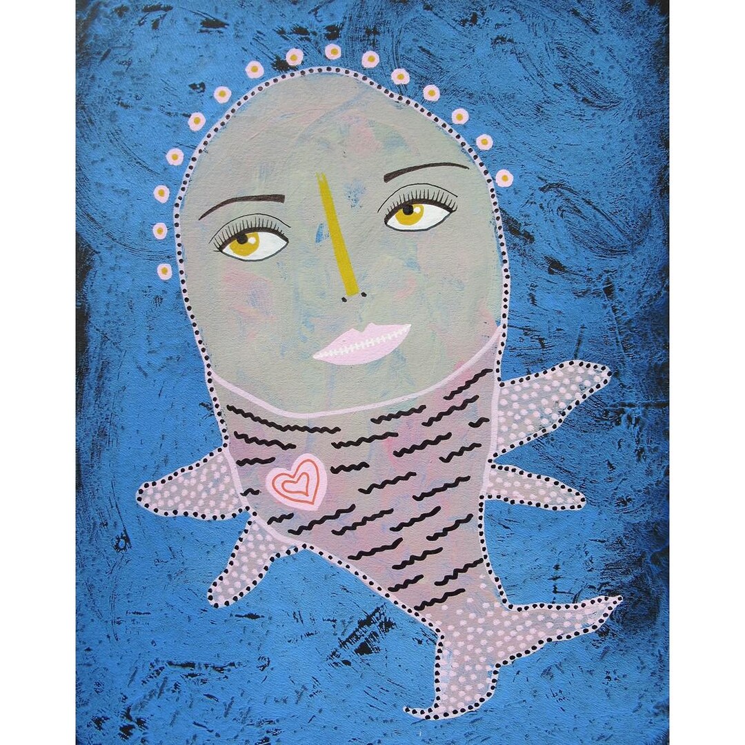 Whimsical Fish Illustration Painting Weird Surreal Outsider Folk Art 8 ...