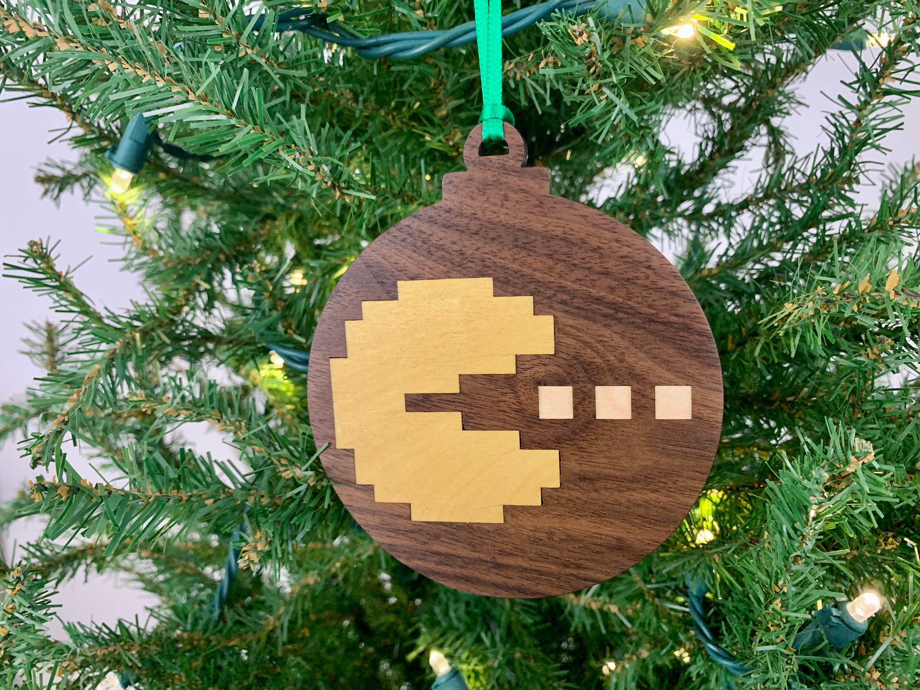 8-bit Pac-man Christmas Tree Ornament ~ Beautiful Wood Inlay Holiday ...