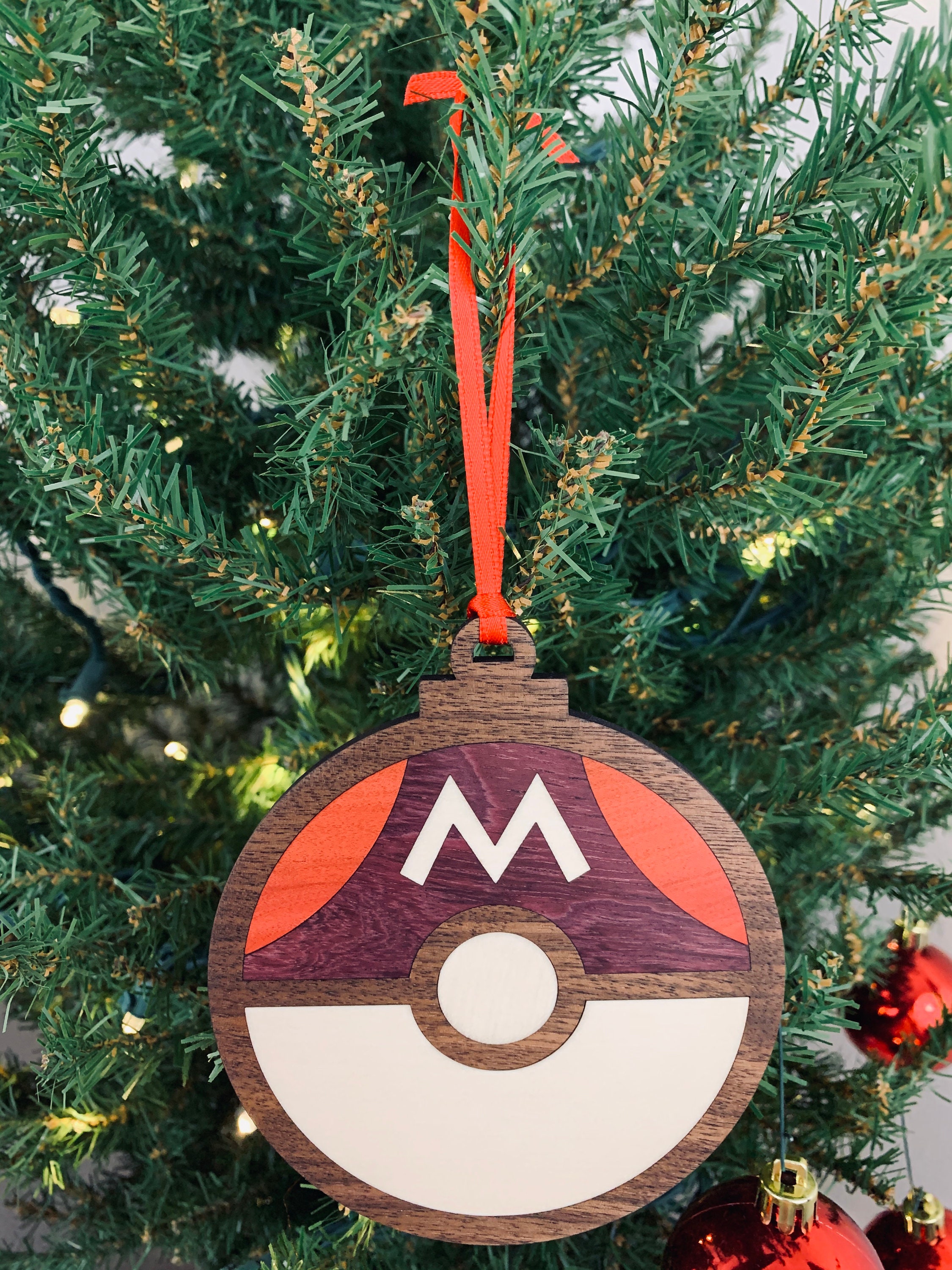 Pokemon Master Ball Christmas Tree Ornament ~ Beautiful Wood Inlay ...