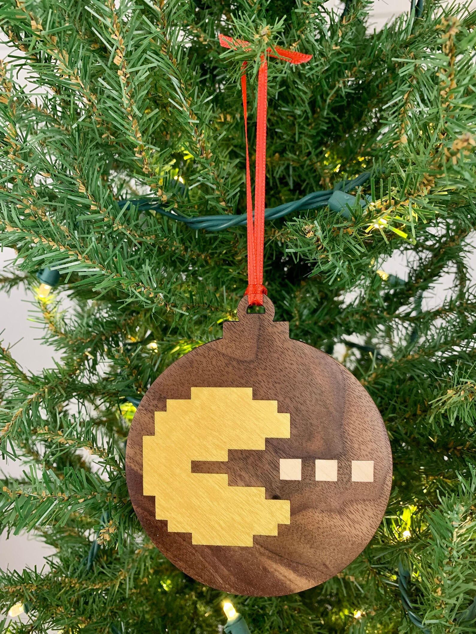 8-bit Pac-man Christmas Tree Ornament ~ Beautiful Wood Inlay Holiday ...