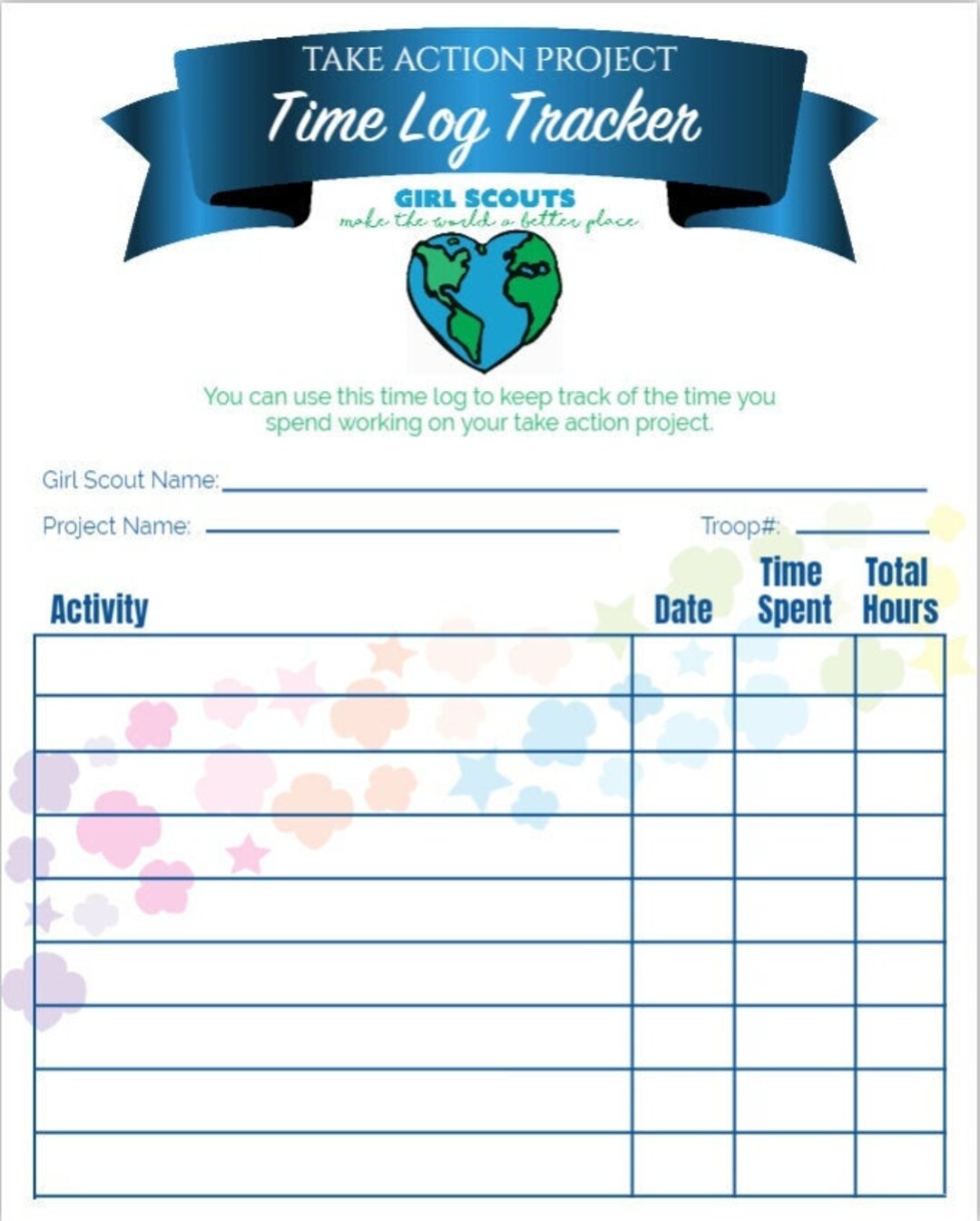 EDITABLE Take Action Project Volunteer Time Tracker Log Easily ...
