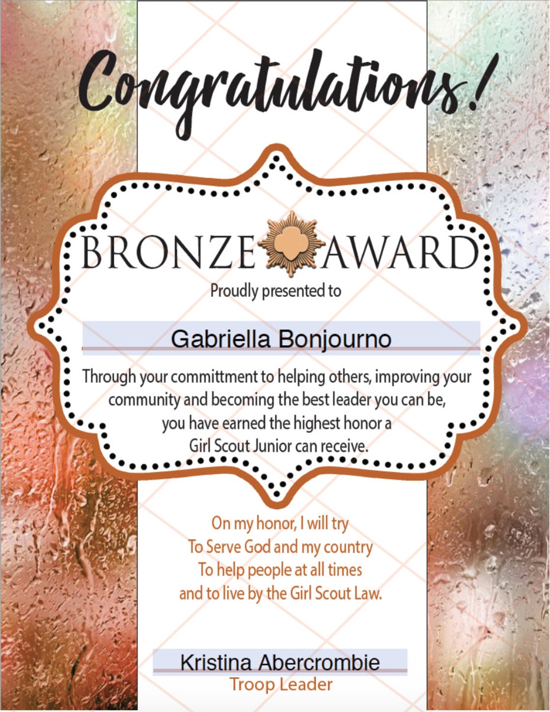 EDITABLE Girl Scout Bronze Award Junior 8x10 Print From Home With ...