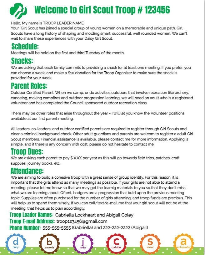 EDITABLE GS Troop Welcome Letter 8x10 Leader Organizer - Etsy