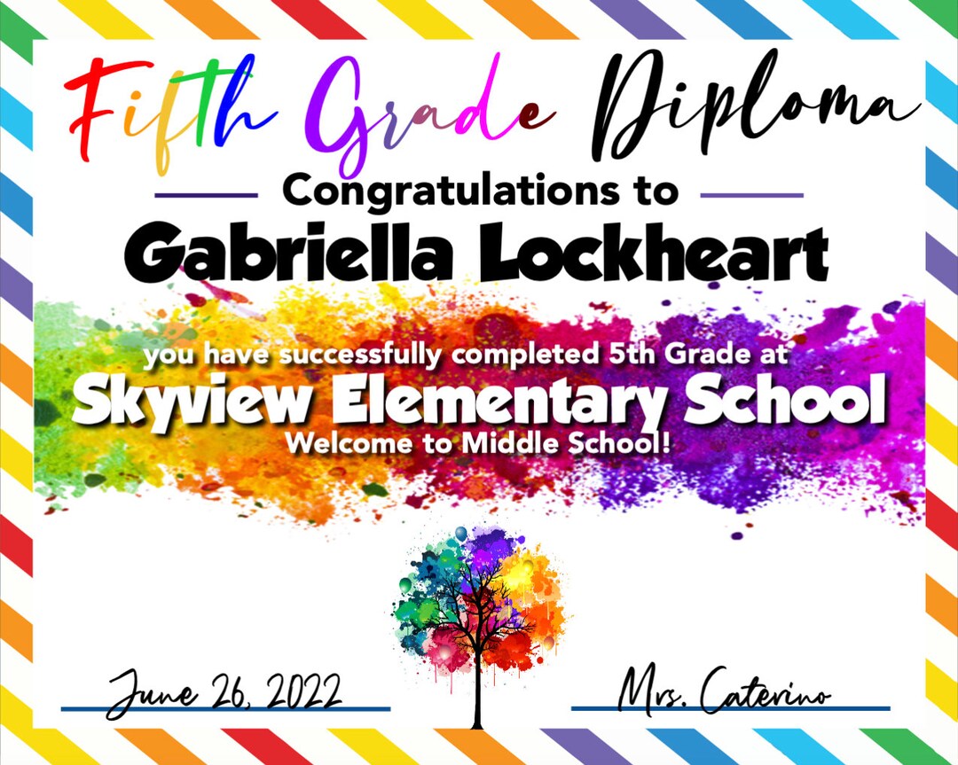 Editable 5th Grade Diploma, Graduation Certificate, Personalized School ...