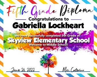 Editable 5th Grade Diploma, Graduation Certificate, Personalized School ...