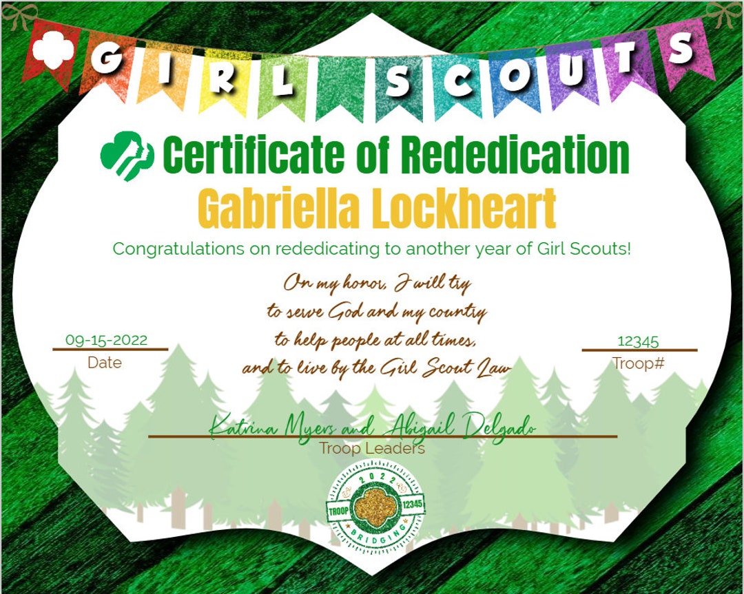 EDITABLE Girl Scout Rededication Certificate - ALL LEVELS - 8x10 - Edit ...