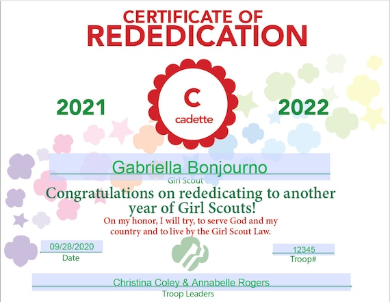 EDITABLE Girl Scout Rededication Certificate 8x10 Cadette | Etsy