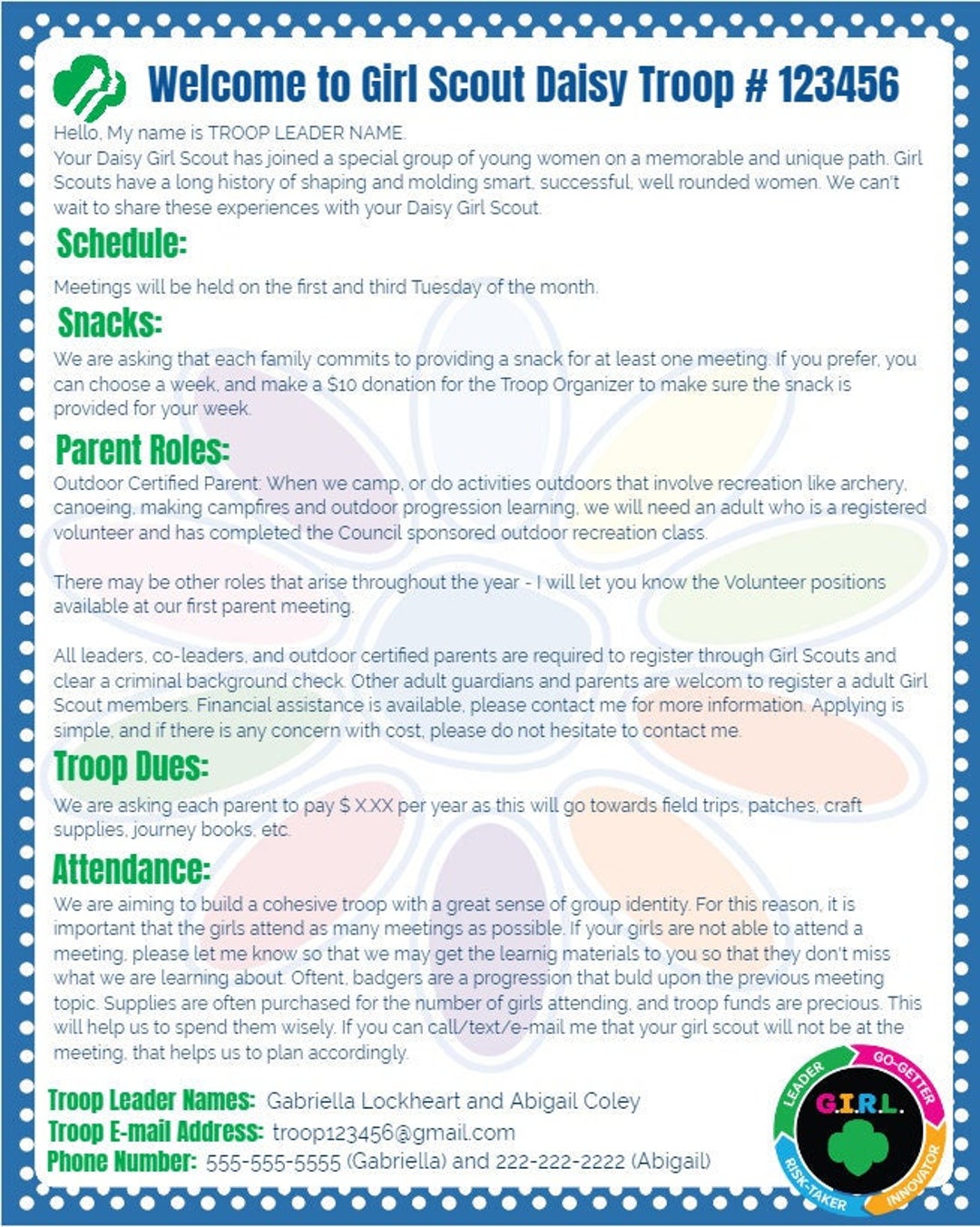 EDITABLE GS Daisy Troop Welcome Letter - 8x10 - Leader Organizer ...