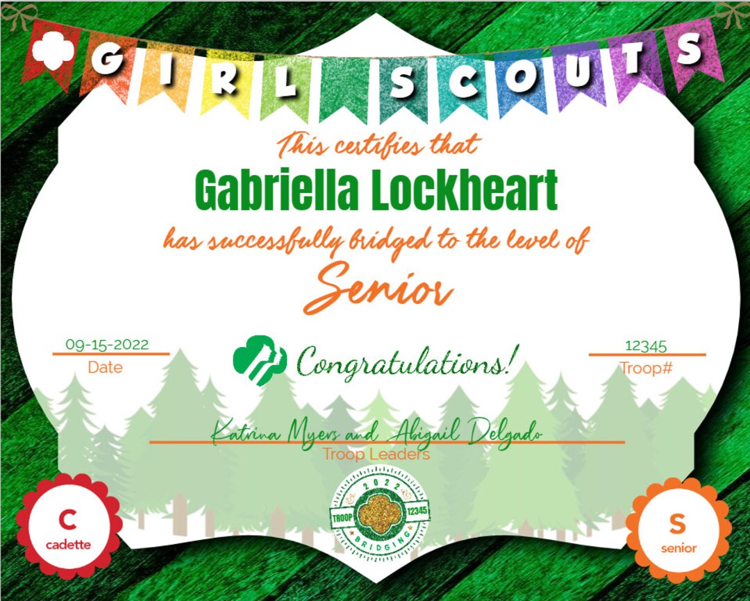 INSTANT DOWNLOAD EDITABLE Girl Scout Bridging Certificate Cadette to ...