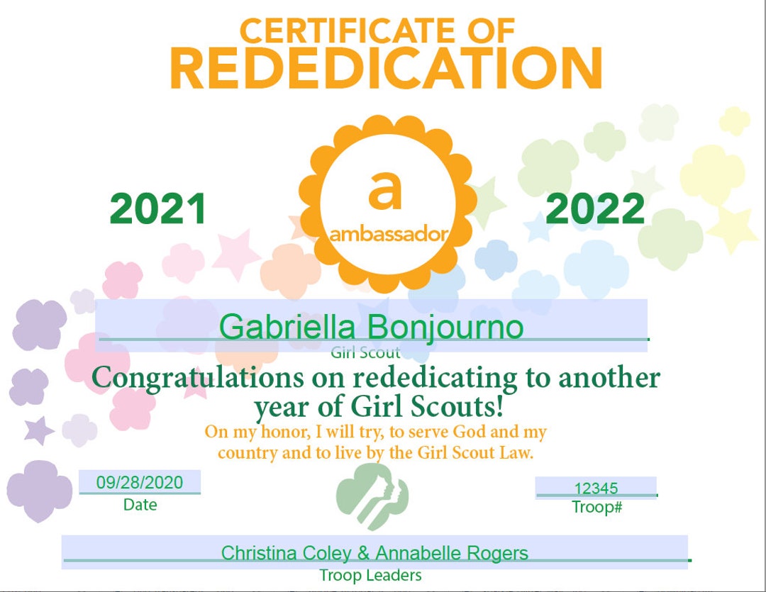 EDITABLE Girl Scout Rededication Certificate 8x10 Ambassador Print From ...