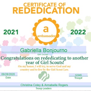 EDITABLE Girl Scout Rededication Certificate 8x10 Ambassador Print From ...