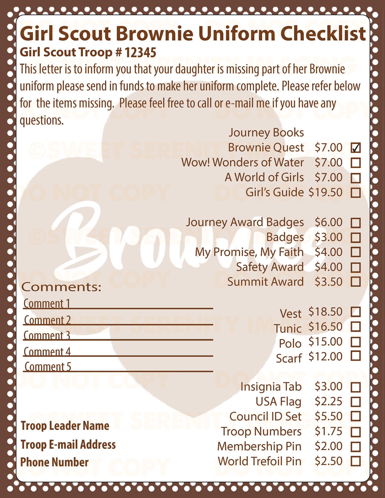 EDITABLE GS Brownie Uniform Checklist 8x10 Leader - Etsy