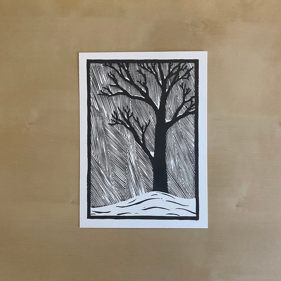 Snowy Tree Linocut Print - Etsy