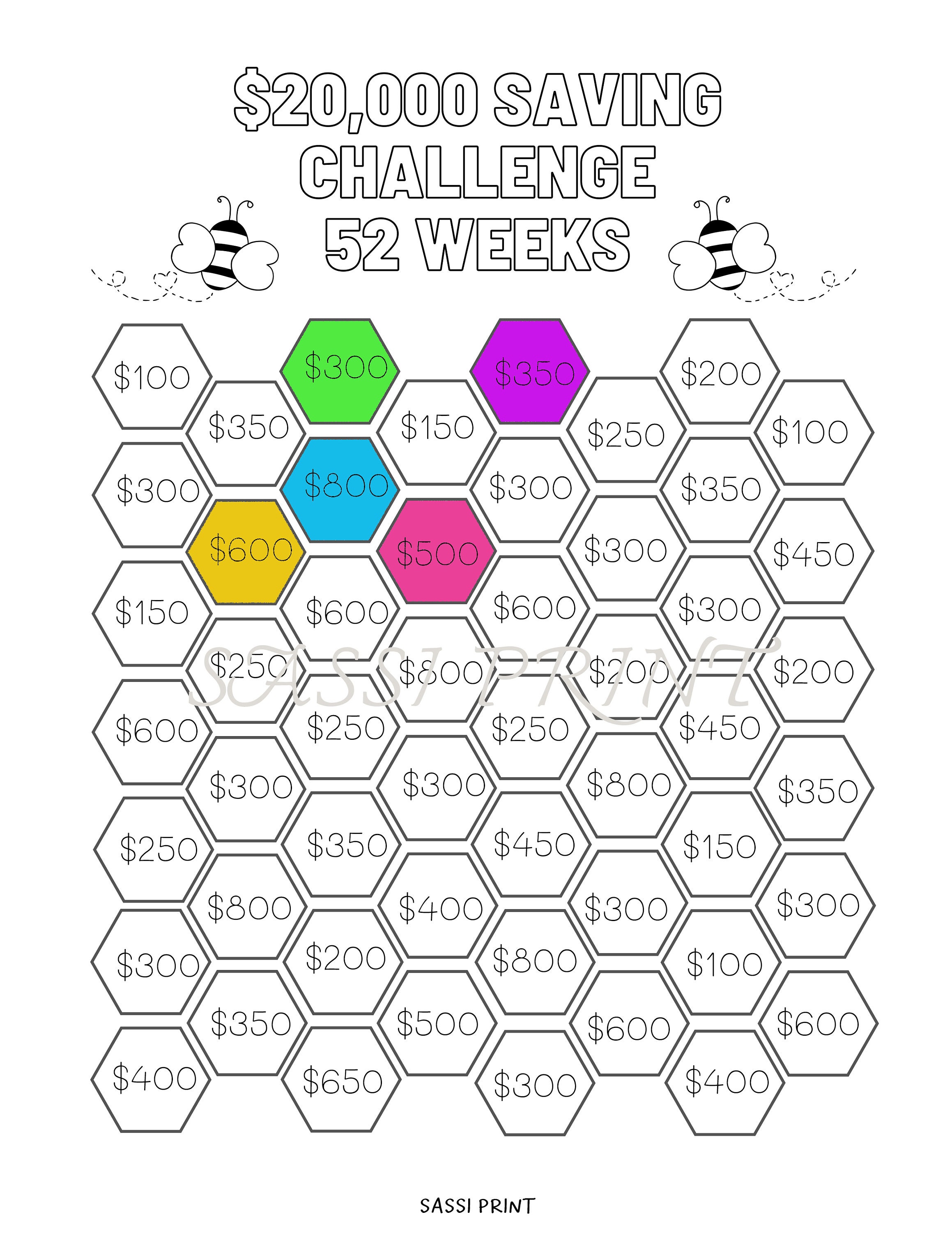 Save 20,000 Dollars in 52 Weeks, Money Saving Challenge 20K, 20,000 ...