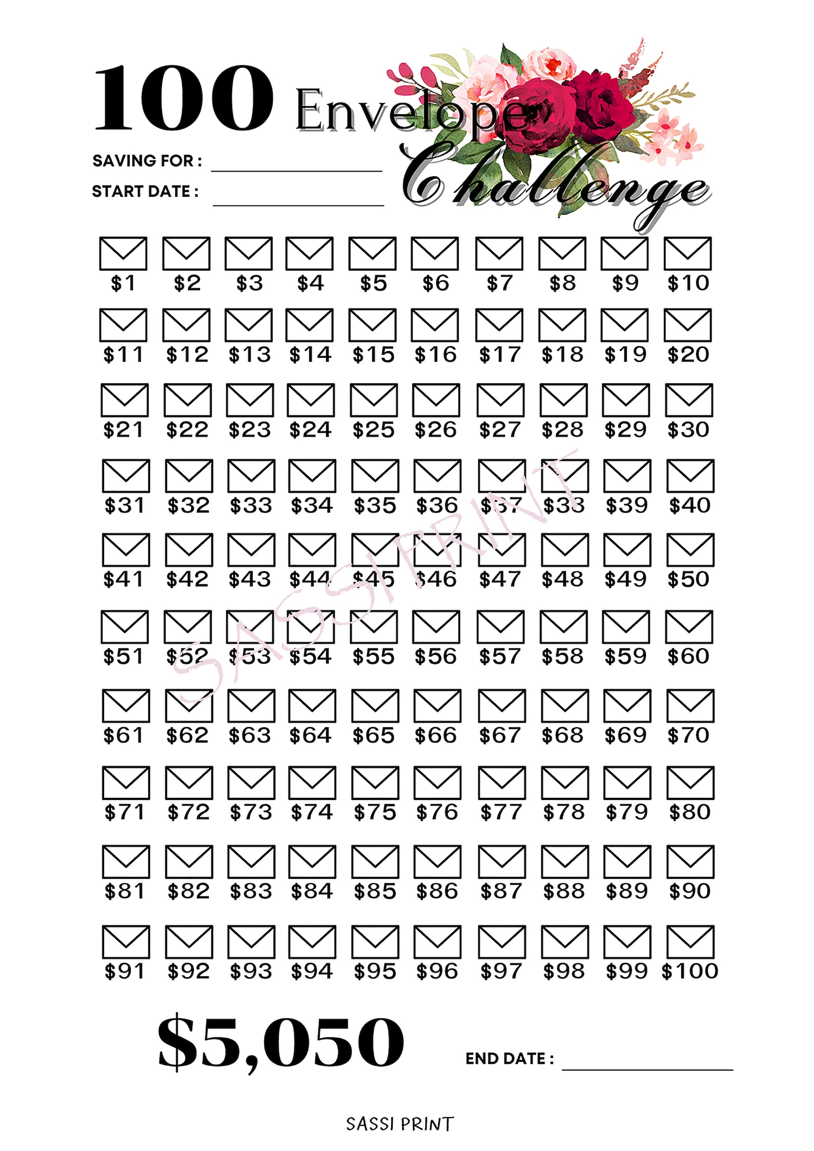 Printable 100 Envelope Savings Challenge Tracker, Save 5,050 Dollars ...