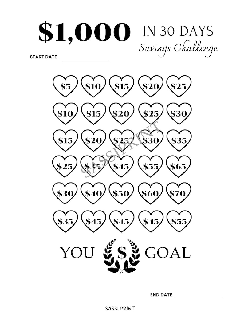 1,000 Money Saving Challenge, Save 1000 in 30 Days, 1000 Savings ...