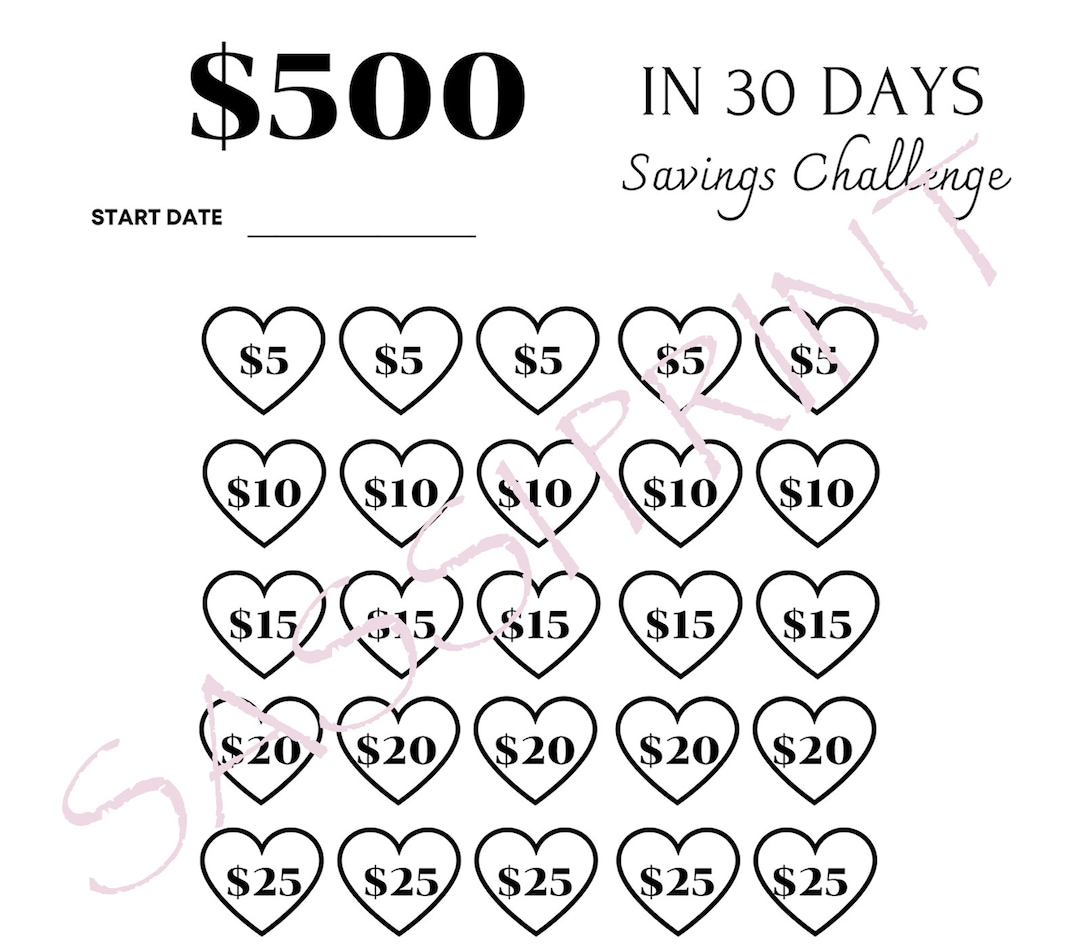 500 Money Saving Challenge, Save 500 in 30 Days, 500 Savings Tracker ...