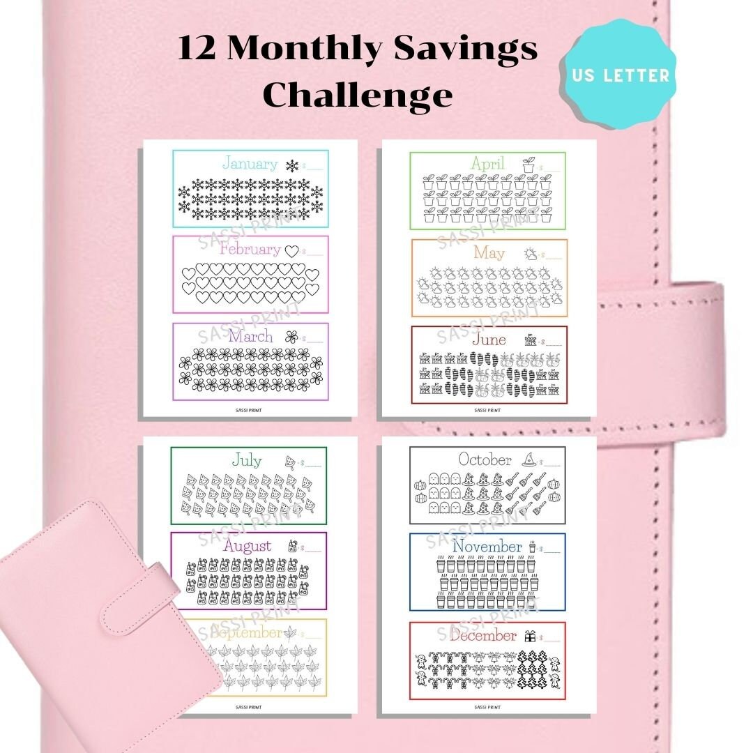12 Monthly Savings Challenge Cards for A6 Binder, A6 Savings Challenge ...