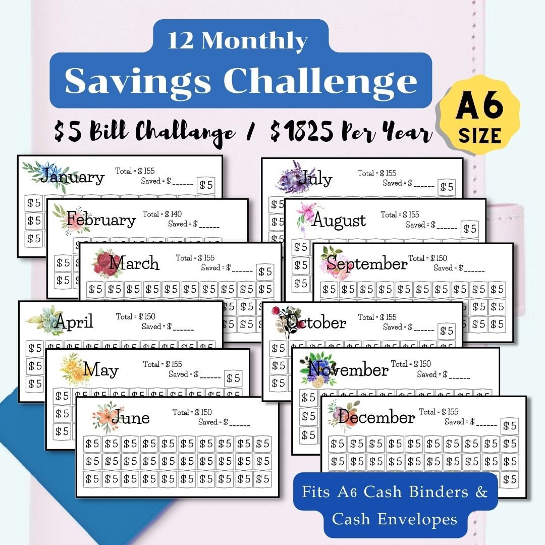 12 Monthly Savings Challenge Cards for A6 Binder, A6 Savings Challenge ...
