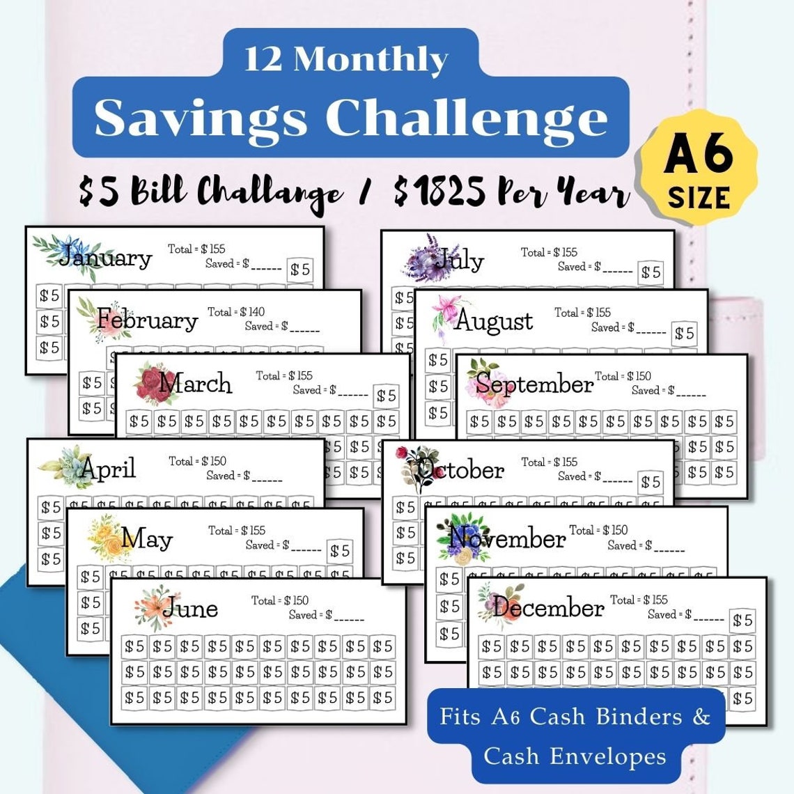 12 Monthly Savings Challenge Cards for A6 Binder, A6 Savings Challenge ...