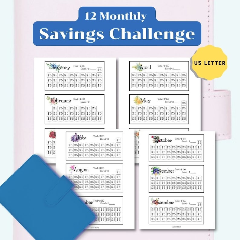 12 Monthly Savings Challenge Cards for A6 Binder, A6 Savings Challenge ...