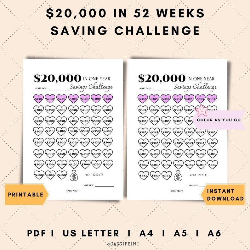 Save 20000 Dollars In One Year Money Saving Challenge 20k Etsy Australia