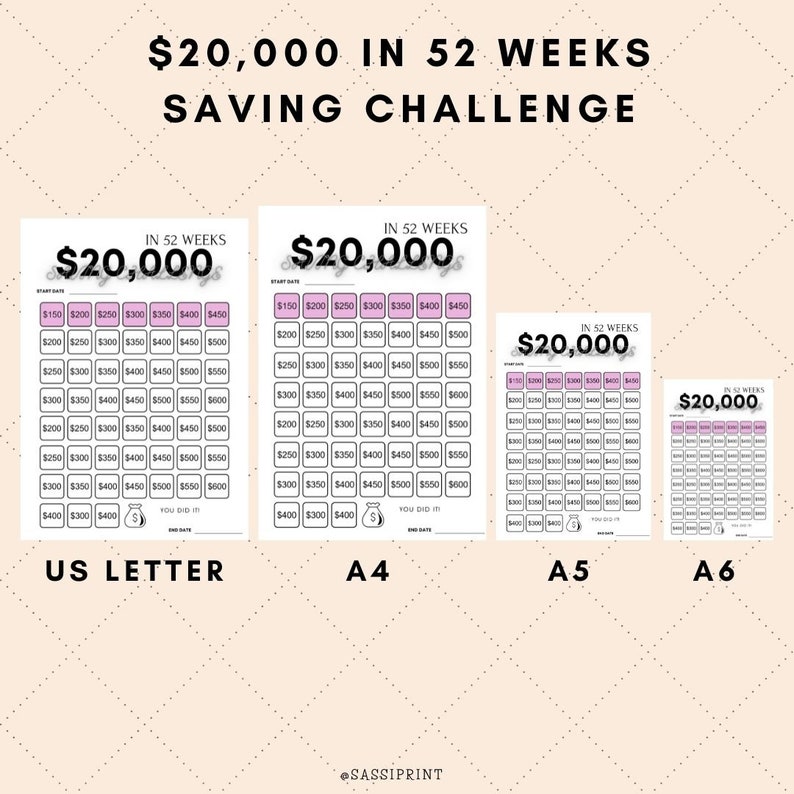 Save 20,000 Dollars in 52 Weeks, Money Saving Challenge 20K, 20,000 ...
