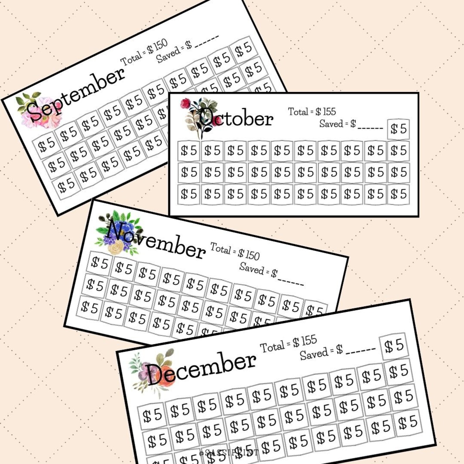 12 Monthly Savings Challenge Cards for A6 Binder, A6 Savings Challenge ...