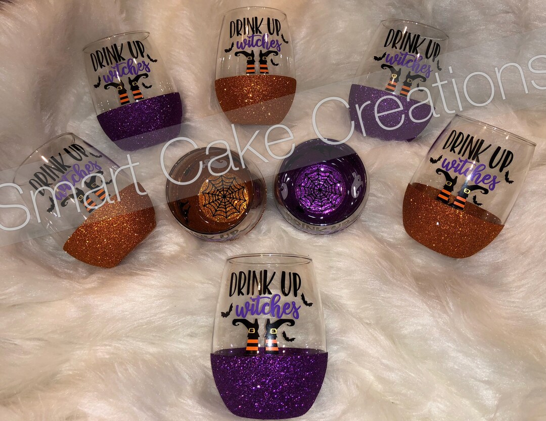 Peek-a-boo Glittered Wine Glass Drink up Witches Halloween Themed 20 Oz ...