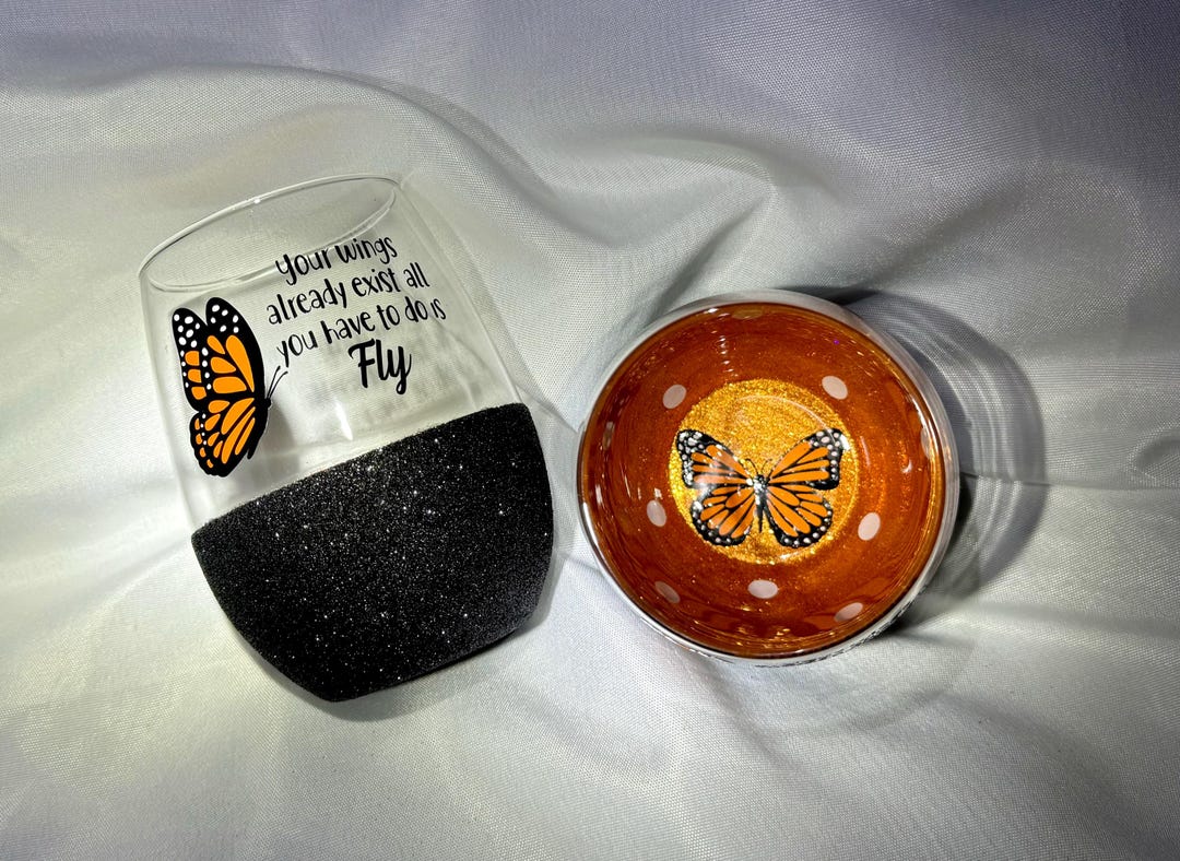 Peek-a-boo Glittered Wine Glass Monarch Butterfly Themed (2 Colors) 20 ...
