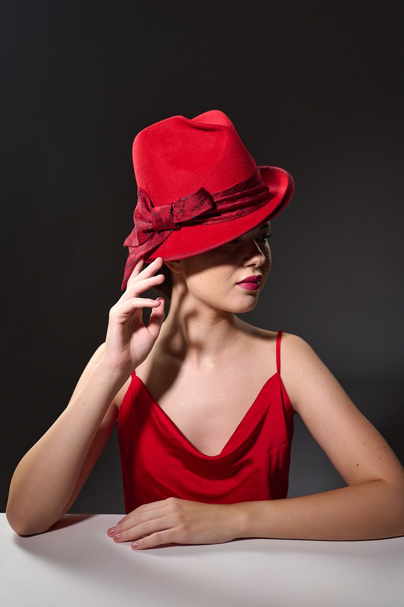 Handcrafted Red Fedora Hat: Silk Bow Trilby - Etsy