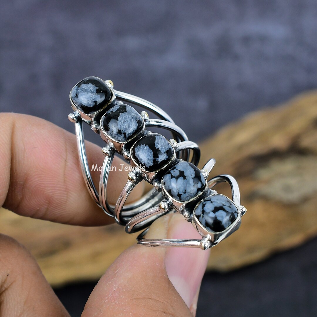 Obsidian Gemstone Ring, Handmade Silver Plated Boho Ring, Snowflake ...
