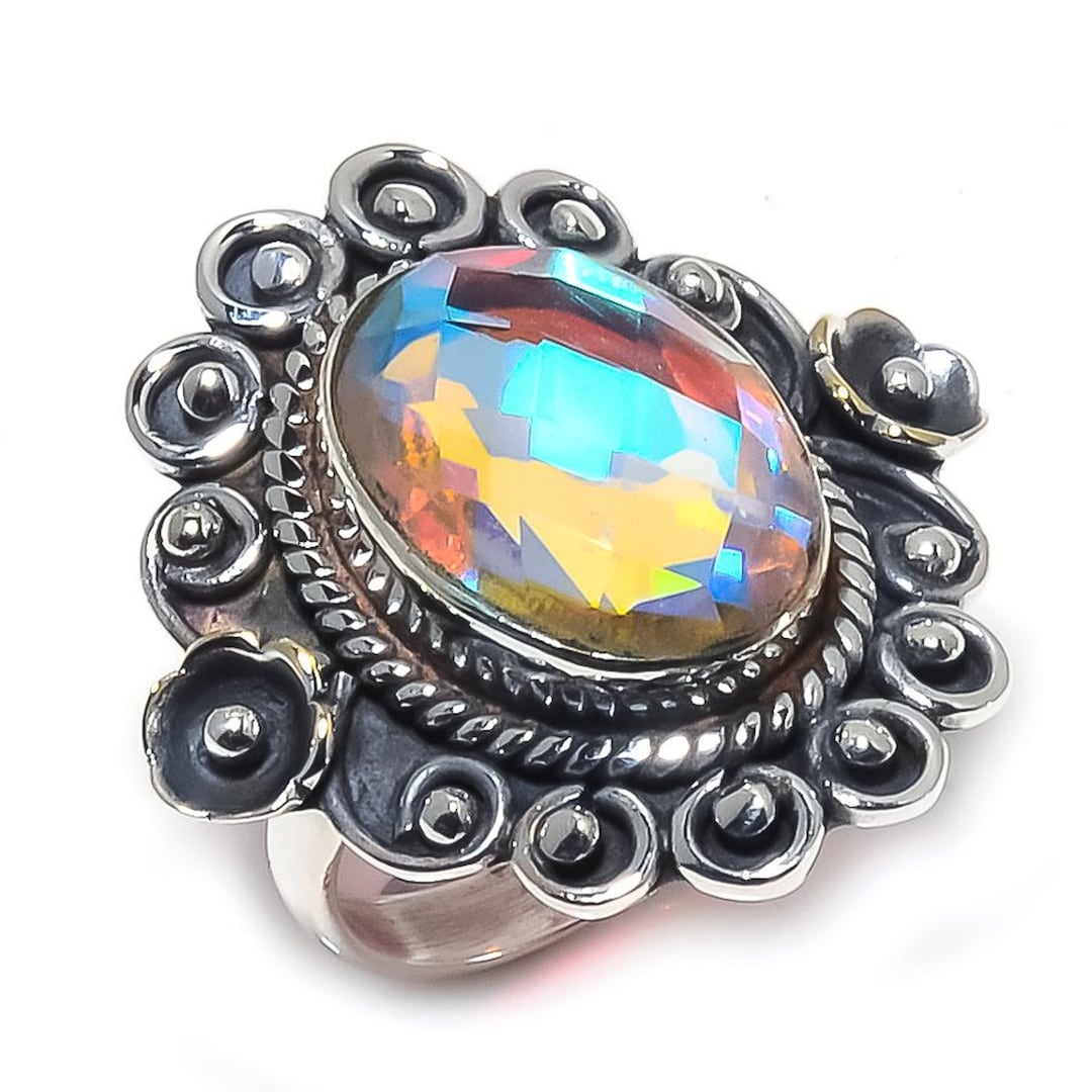Aurora Mystic Topaz Ring, Rainbow Mystic Topaz Silver Plated Ring ...